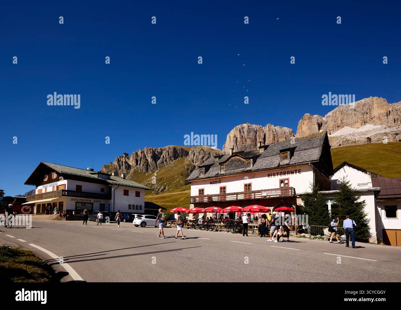 Restaurants at the base of Dolomites, Italy Stock Photo - Alamy