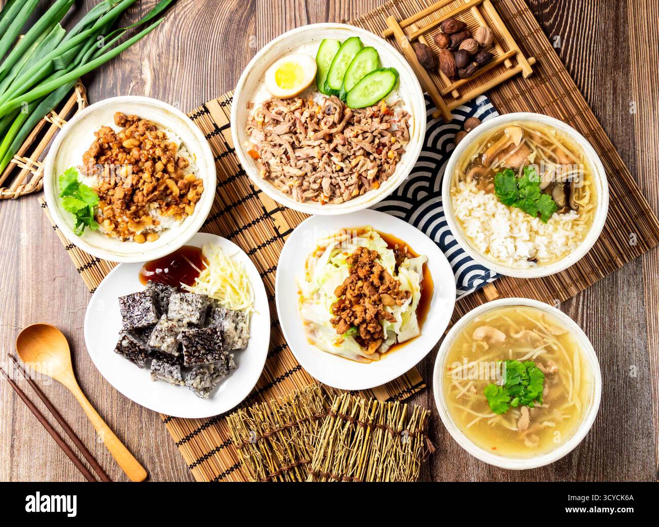 Roasted duck rice, Pork rice, Blanched vegetables, Duck blood rice cube ...