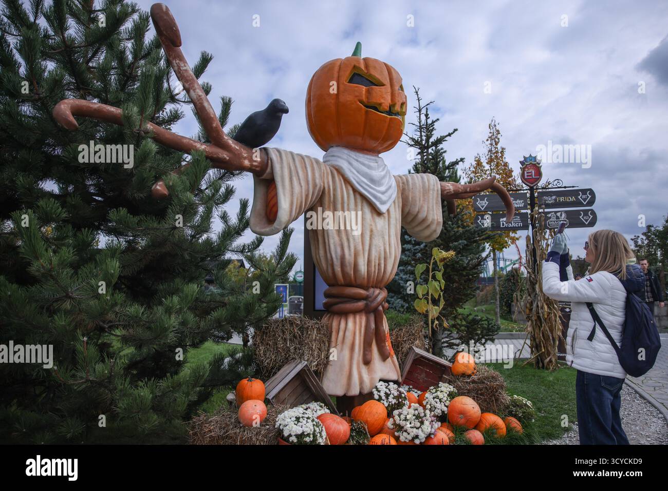 Zator, Poland. 17th Oct, 2025. Pumpkin scarecrow decoration is seen ...