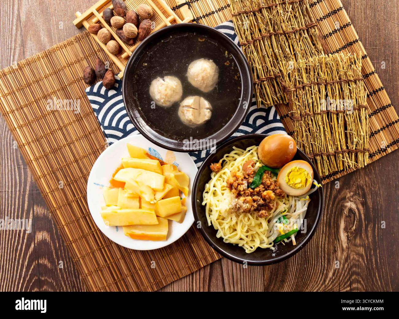 Chinese dry pasta noodles with Crispy bamboo shoots, meatballs soup ...