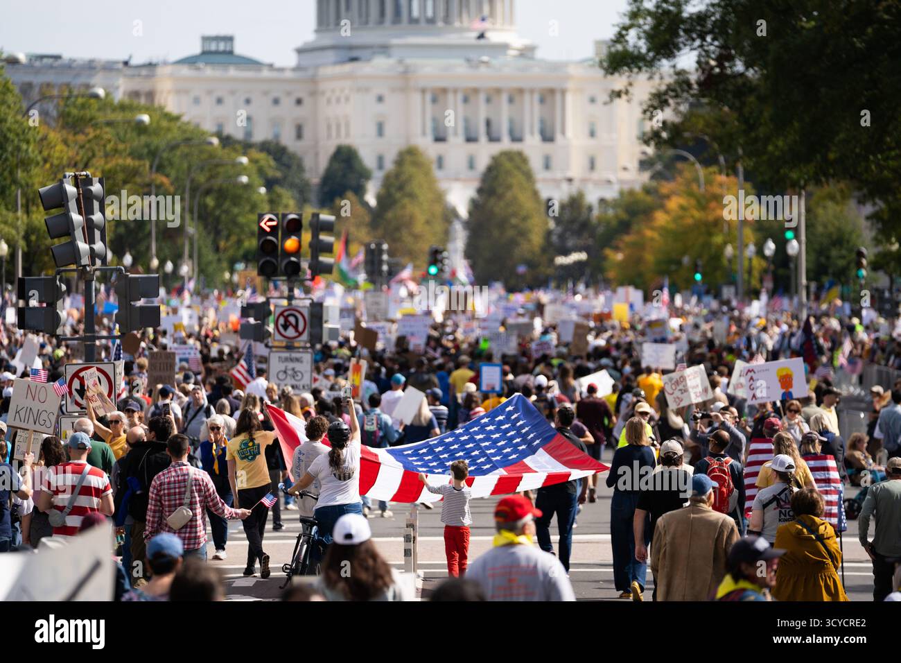 Crowds gather for a No Kings protest, Saturday, Oct. 18, 2025, in ...