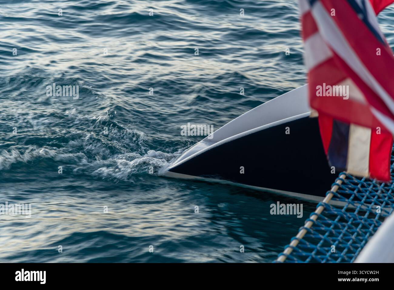 Water wake created by the trailing edge of a catamaran transom on Oahu ...