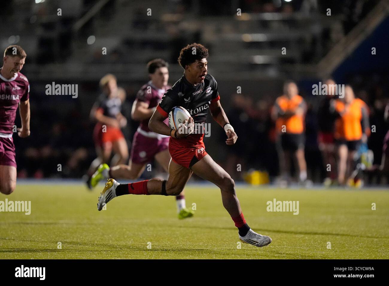 Saracens' Noah Caluori runs in to score his fifth try during the ...