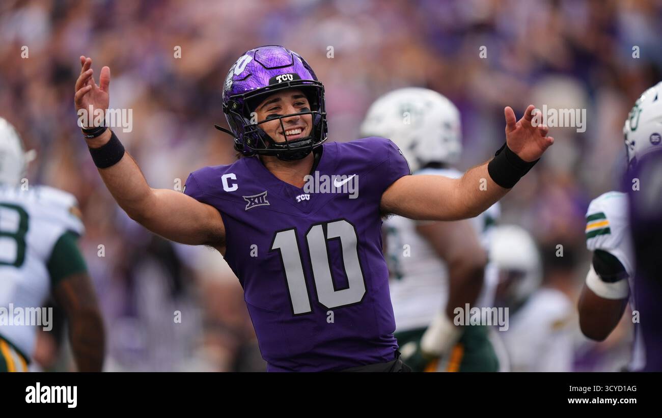 TCU quarterback Josh Hoover celebrates after throwing a touchdown pass ...