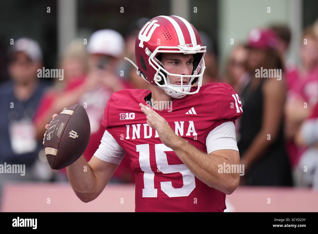 Indiana quarterback Fernando Mendoza (15) throws before an NCAA college ...