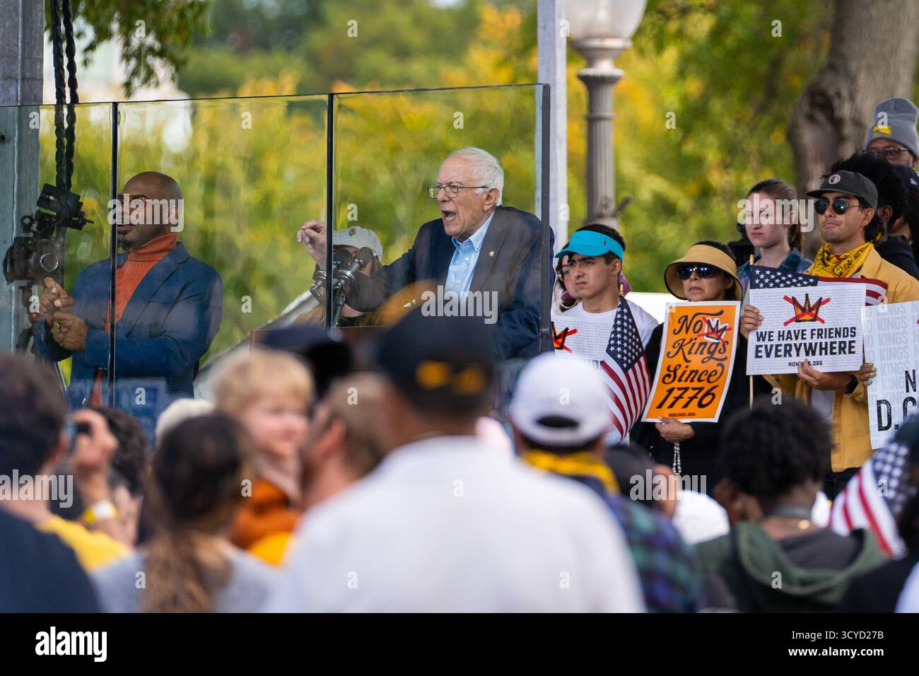 Sen. Bernie Sanders, I-Vt., speaks during a No Kings protest, Saturday ...