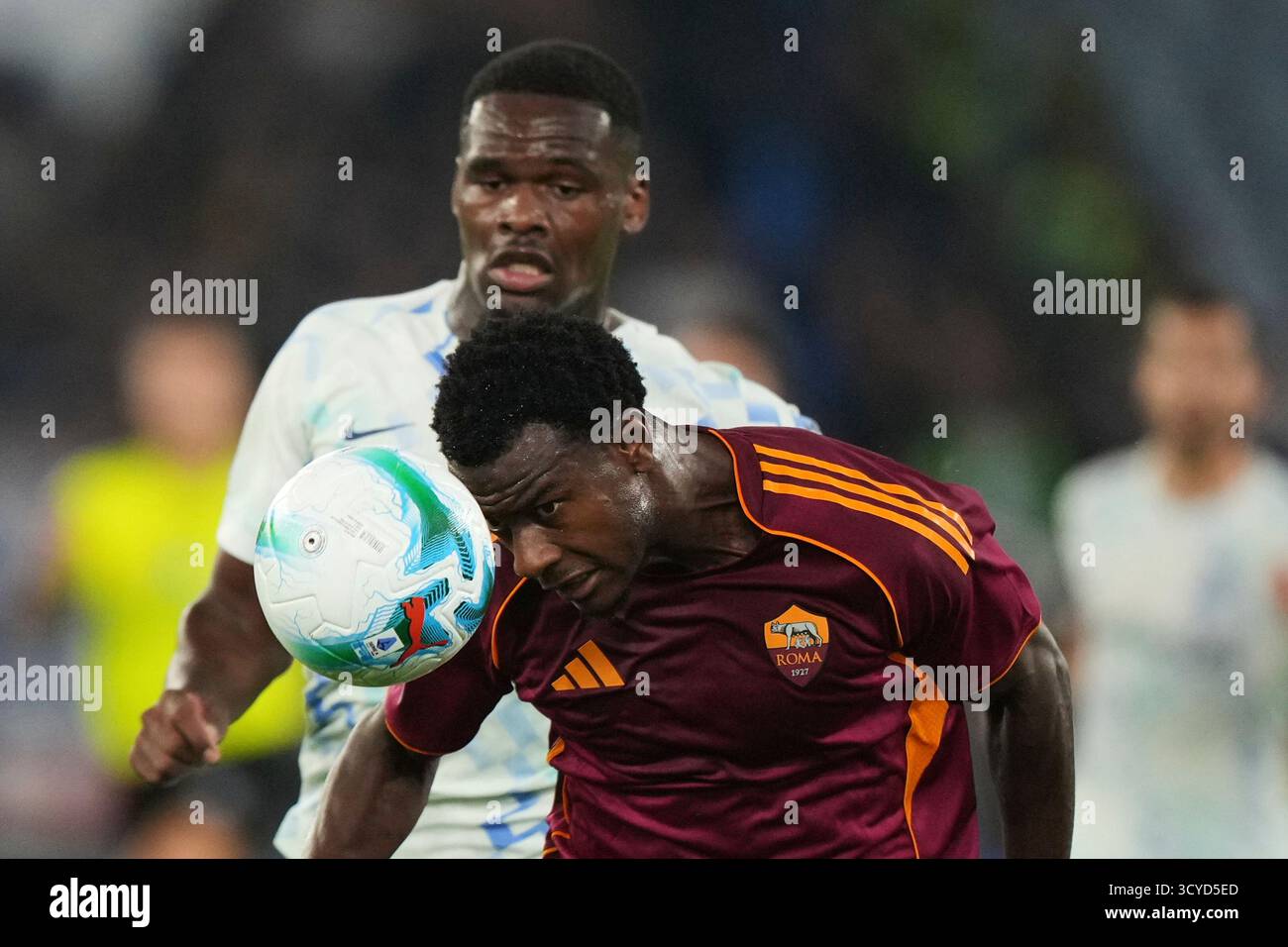 Roma's Evan Ndicka heads the ball during a Serie A soccer match between ...