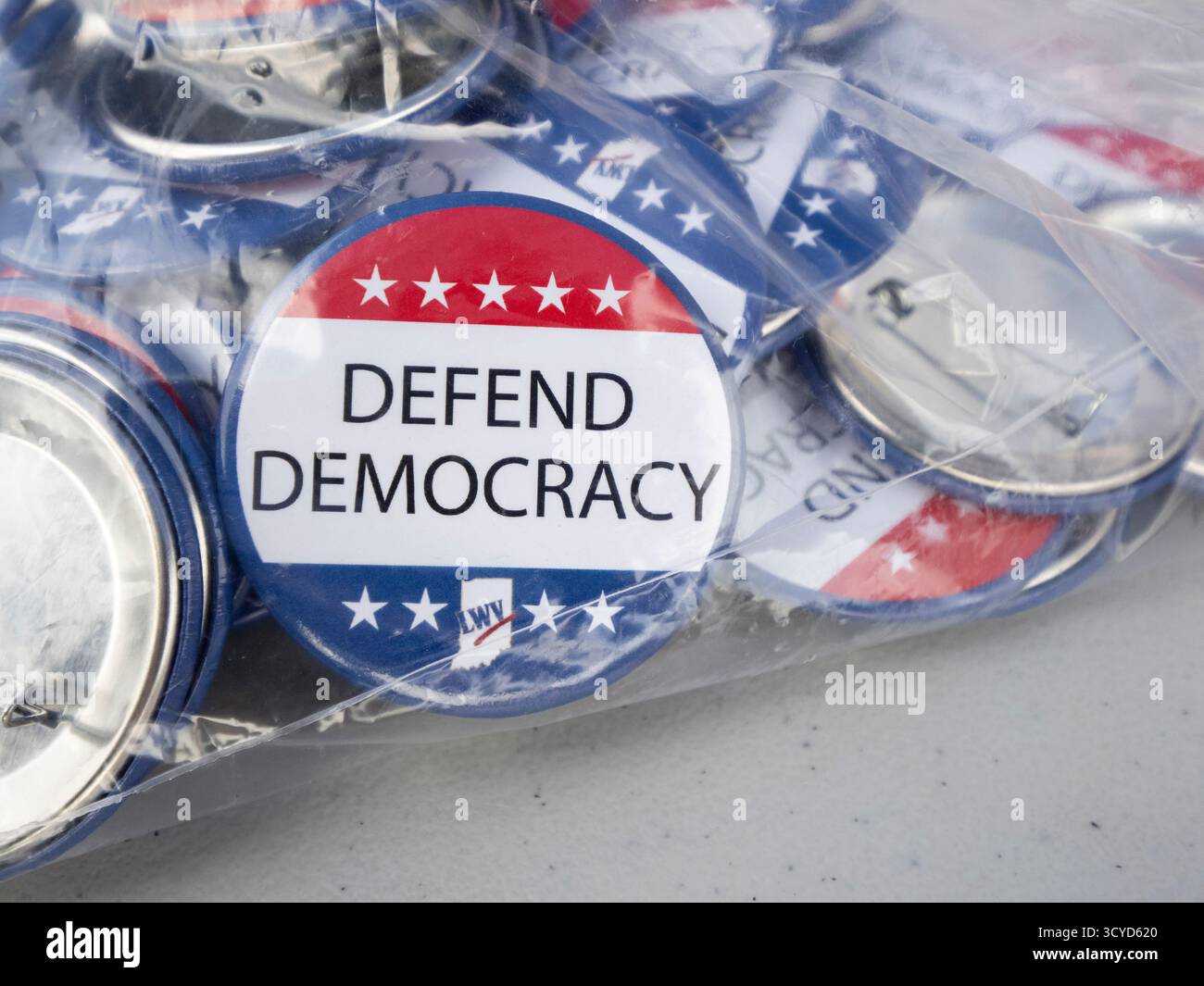 SOUTH BEND, IN - OCTOBER 18: "Defend Democracy" pins are pictured ...