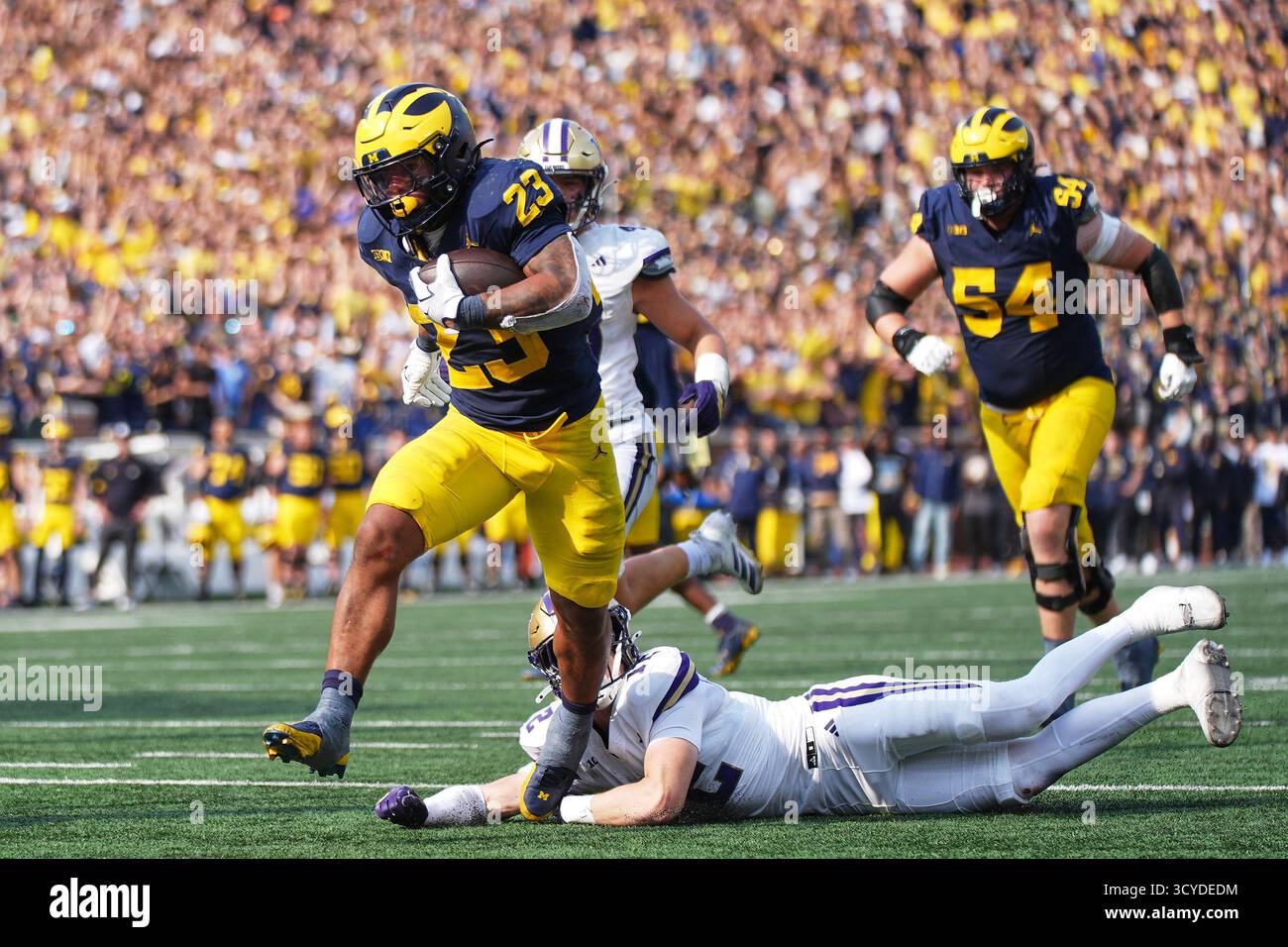 Michigan running back Jordan Marshall, left, runs past Washington ...