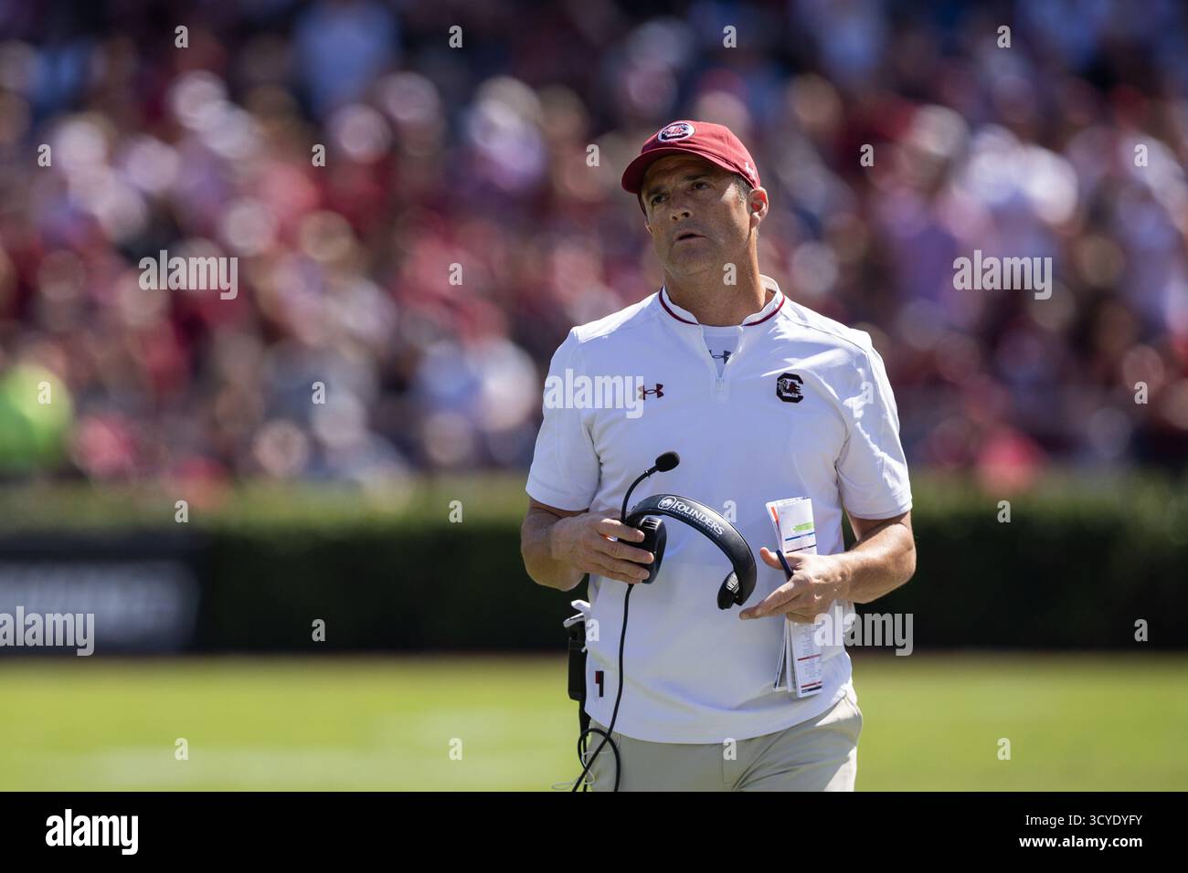 South Carolina head coach Shane Beamer walks the sideline during the ...