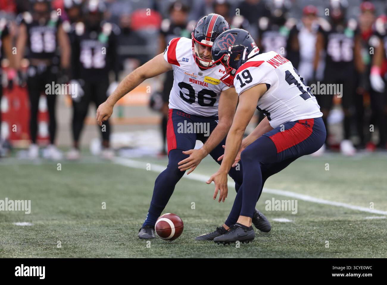 October 18, 2025: Montreal Alouettes holder Riley MacLeod (38) and ...
