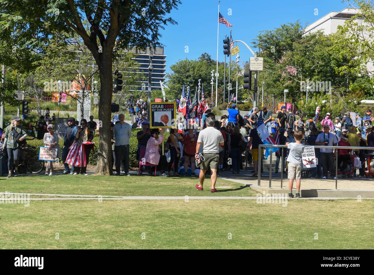 Line of protesters. No Kings Protest, Los Angeles, Gloria Molina Grand ...