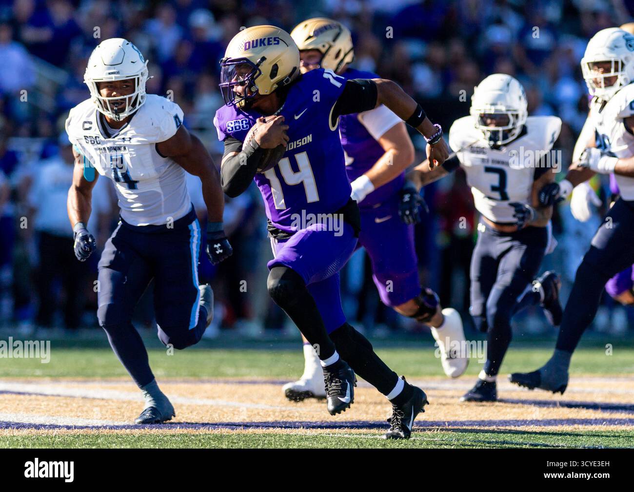 James Madison quarterback Alonza Barnett III (14) carries the ball for ...