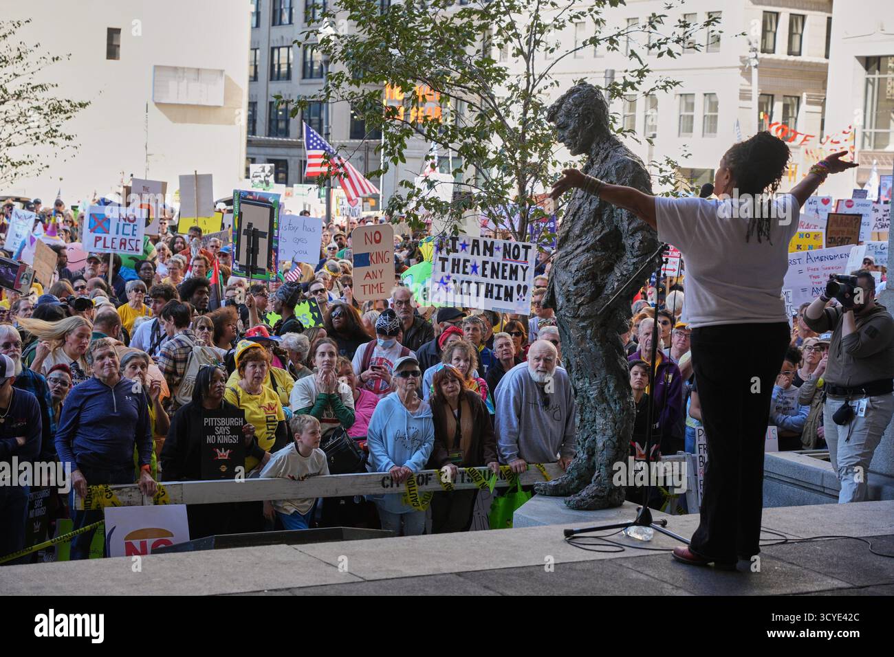 People gather at a No Kings protest in downtown Pittsburgh Saturday ...