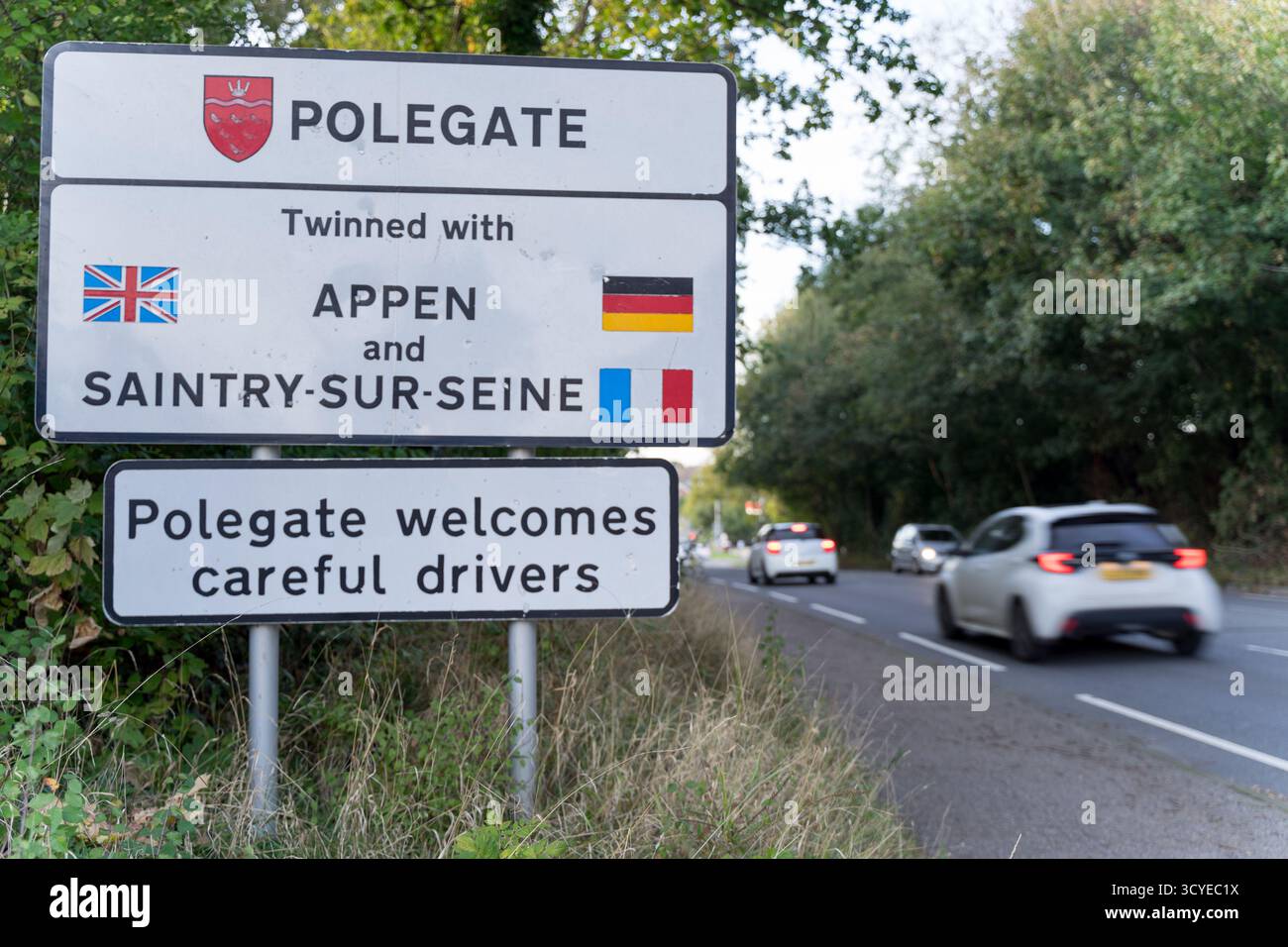 A roadside boundary sign of Polegate in East Sussex, UK, noting its ...