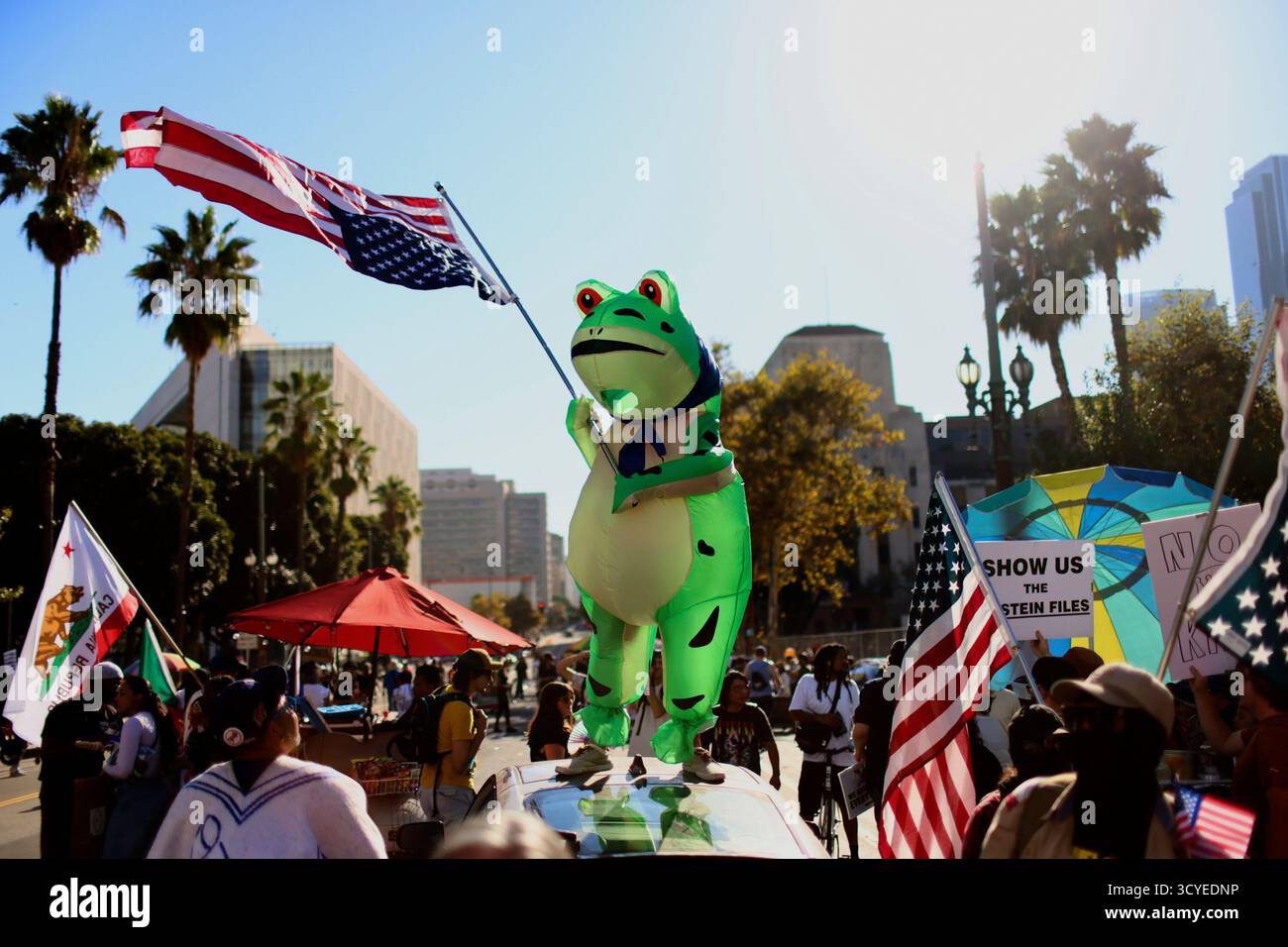 A protester wearing an inflatable frog costume and waving an American ...