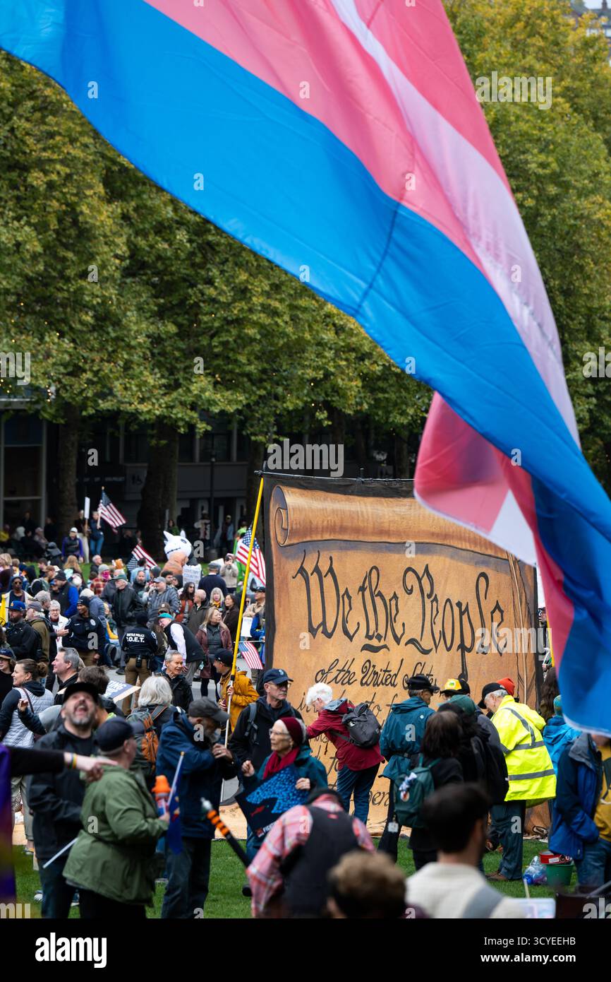 Seattle, USA. 18th Oct 2025. Tens of thousands of protestors gathering ...