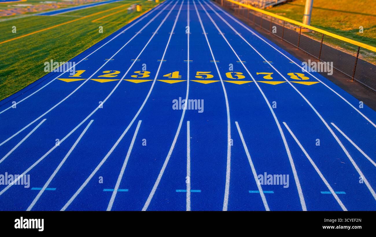 Aerial image of a new blue and yellow eight, 8, lane running track with ...