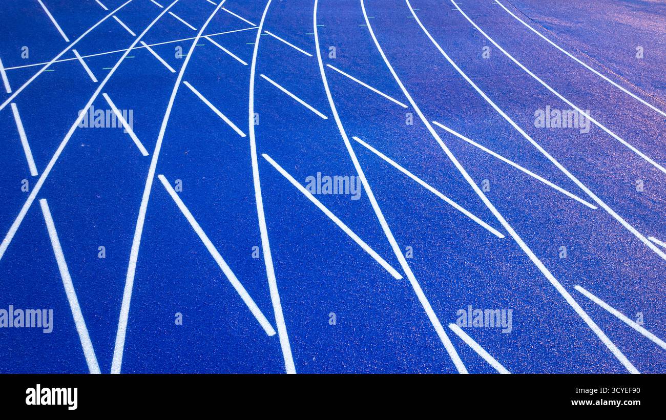Aerial image of a new blue and yellow eight, 8, lane running track with ...