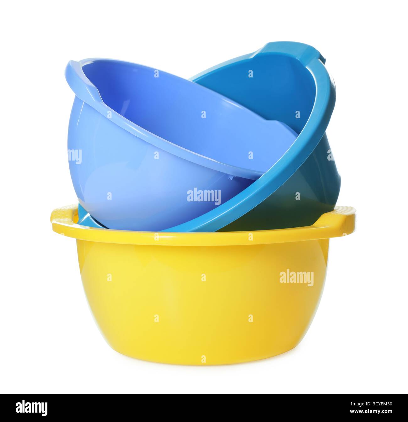 Three colorful plastic basins isolated on white Stock Photo - Alamy