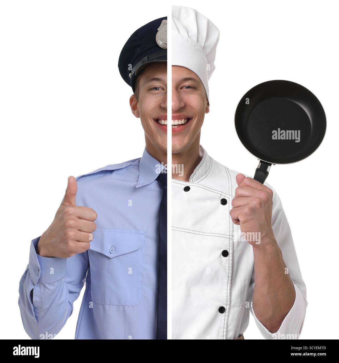 Choice of profession. Combined portrait of chef and policeman on white ...