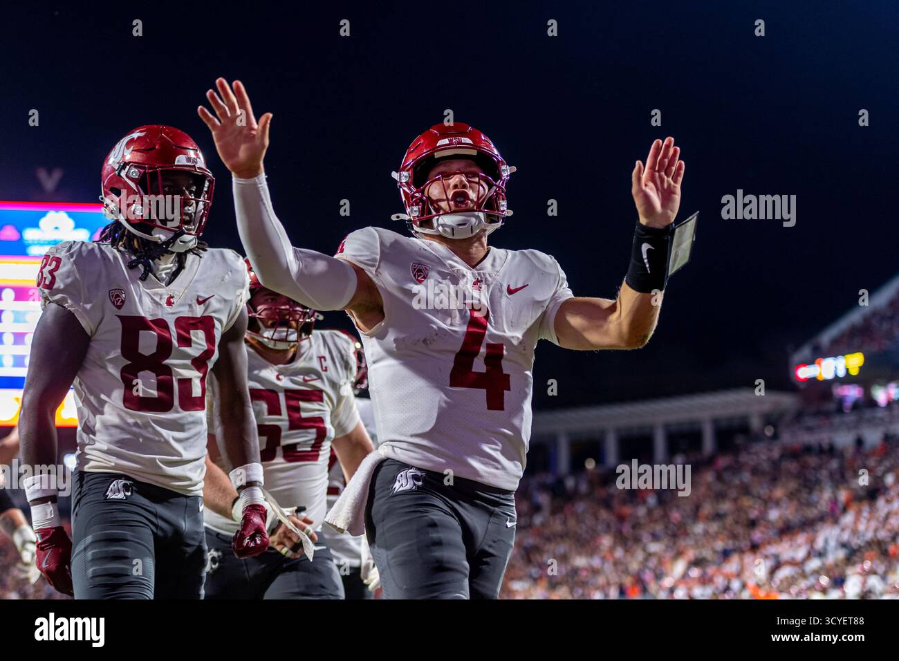 Washington State quarterback Zevi Eckhaus (4) reacts to the crowd after ...