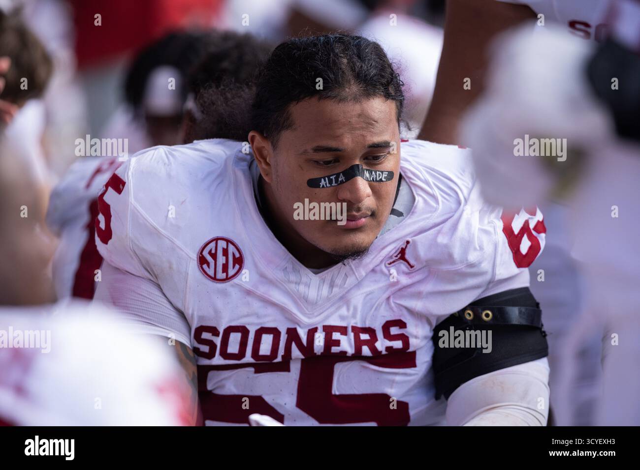 Oklahoma defensive lineman Jayden Jackson (65) watches a replay during ...