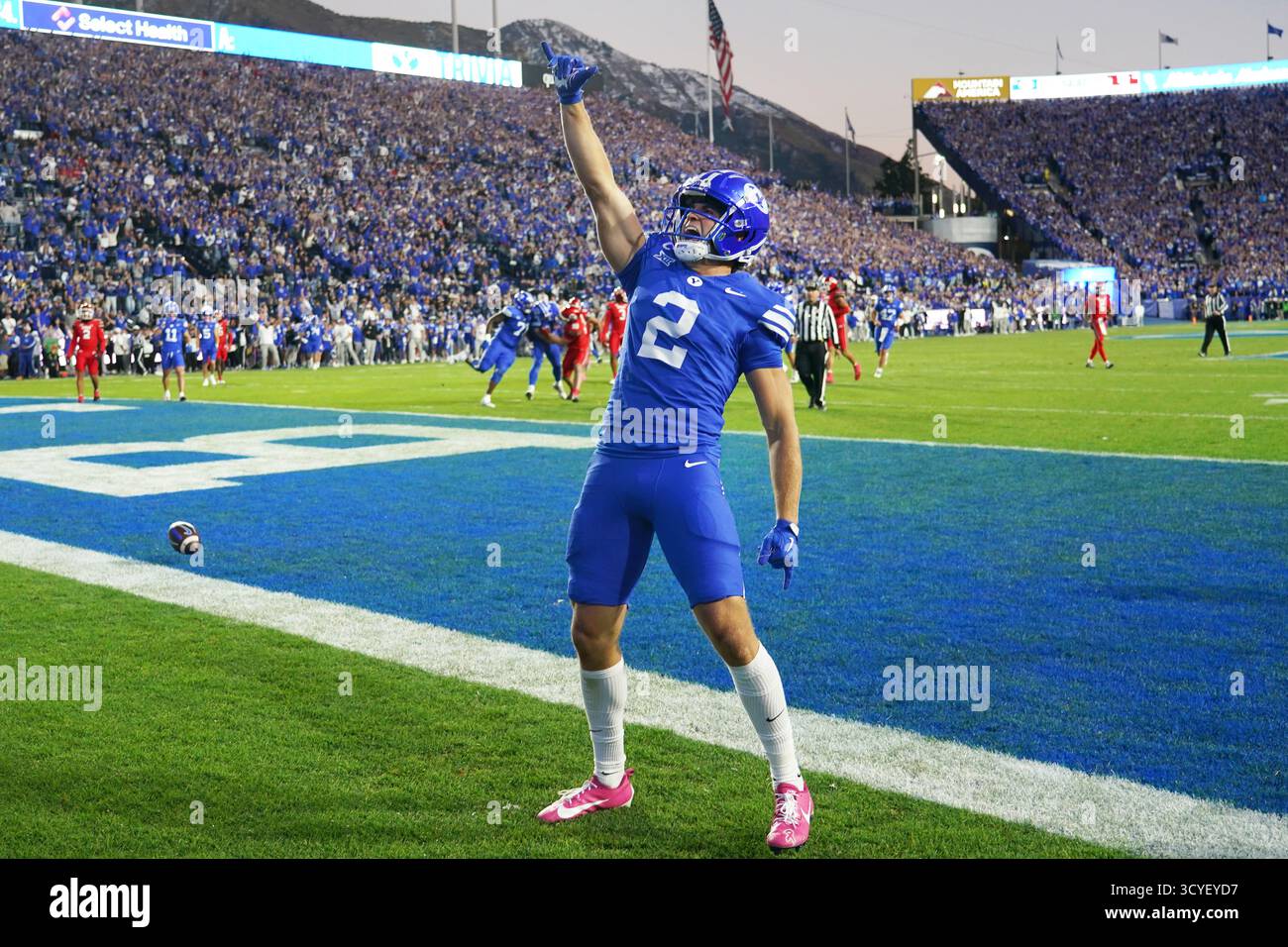 BYU wide receiver Chase Roberts (2) celebrates a touchdown during the ...