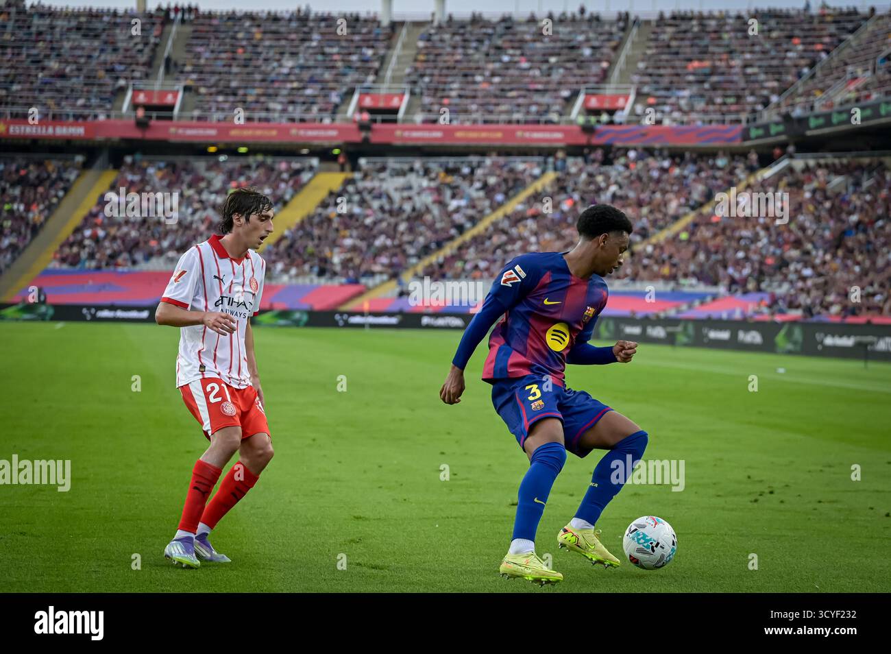 Bryan Gil (Girona FC) and Alejandro Balde (FC Barcelona) are seen ...