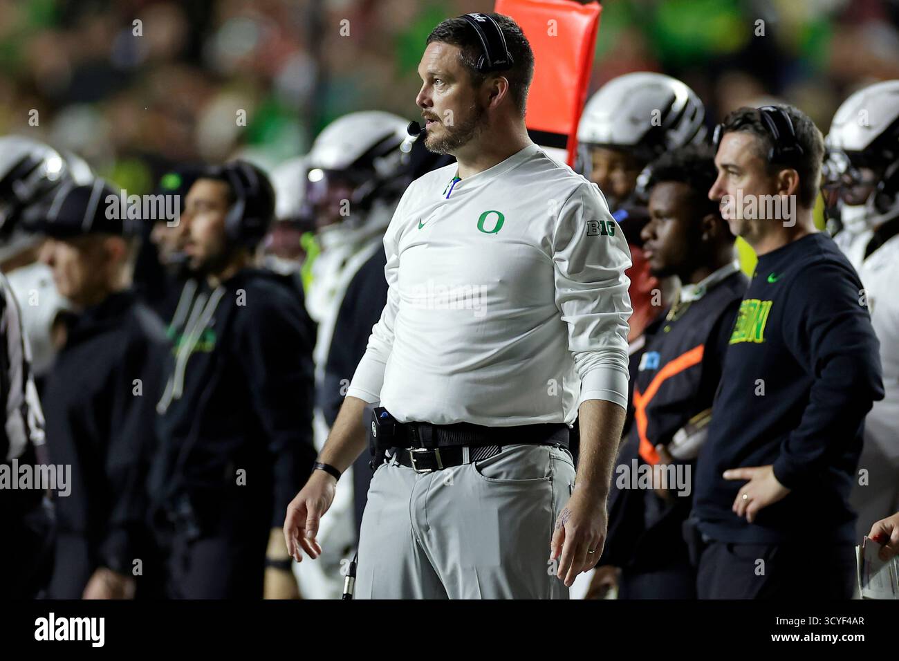 Oregon head coach Dan Lanning reacts during the first half of an NCAA ...