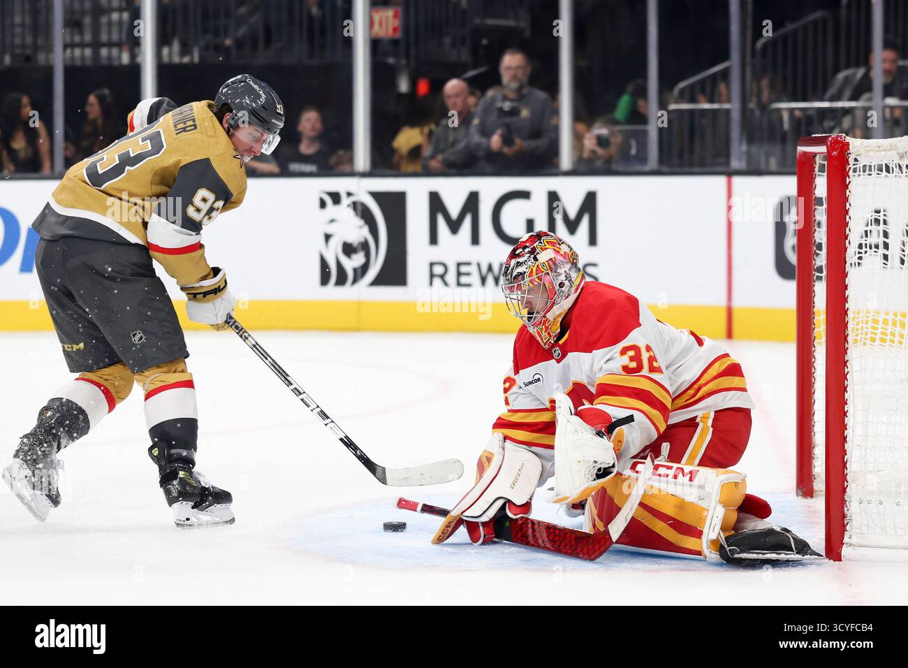 Vegas Golden Knights right wing Mitch Marner (93) scores a goal past ...