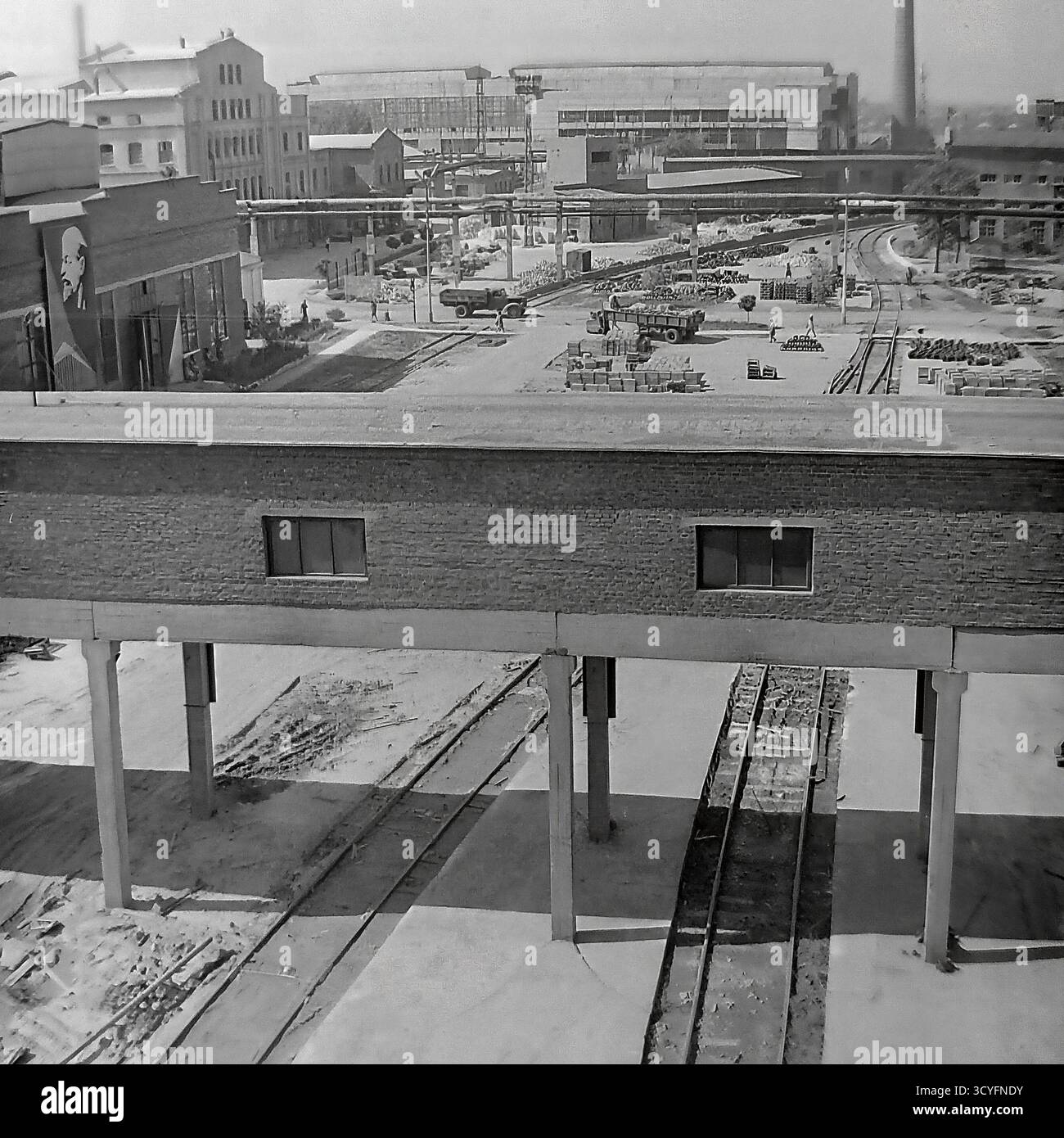 This archival 1970s black and white photo gives a high-angle view of ...