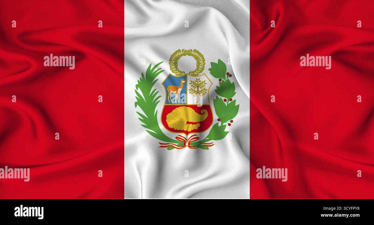 Realistic Peru flag waving. Close up of flag of Peru with cloth texture ...