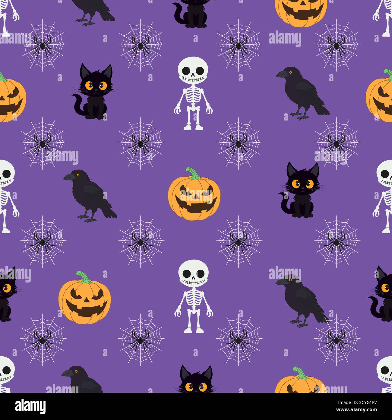 Halloween seamless pattern with skeletons, pumpkins and cats Stock ...
