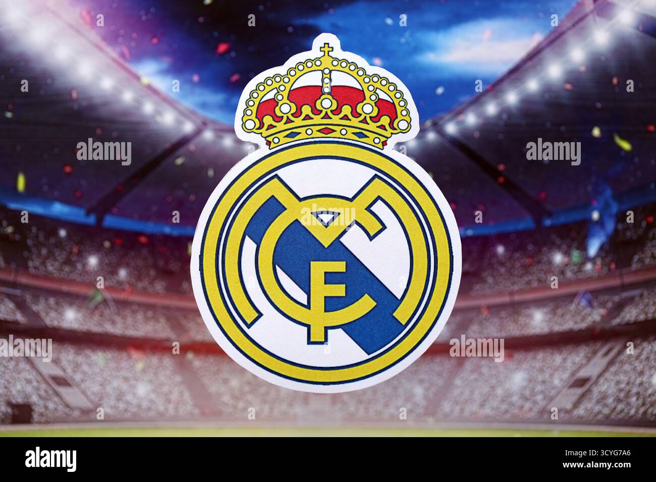 KYIV, UKRAINE - FEBRUARY 23, 2025 Real Madrid CF football club badge ...
