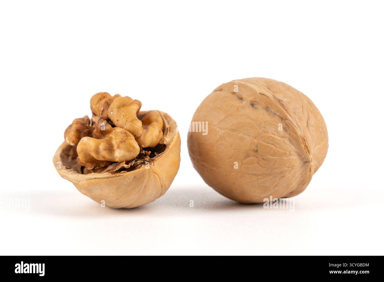 A whole walnut and a half-open walnut isolated on a white background ...