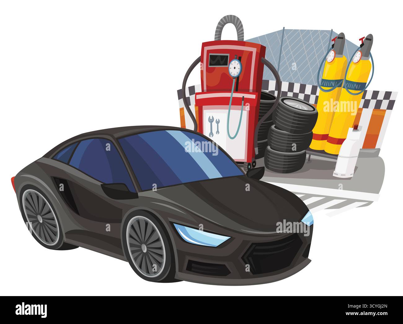 Cartoon street racing car vehicle pitstop pitzone on white background ...