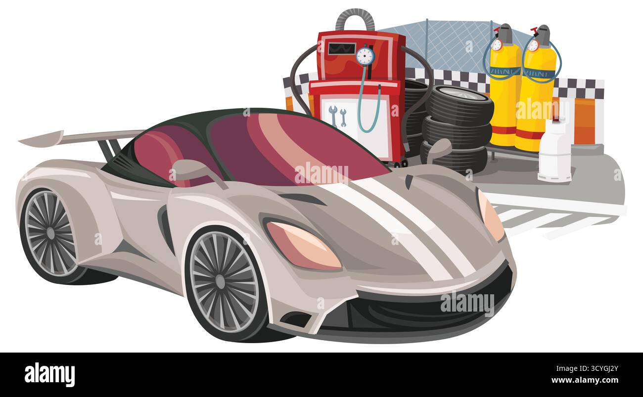 Cartoon street racing car vehicle pitstop pitzone on white background ...