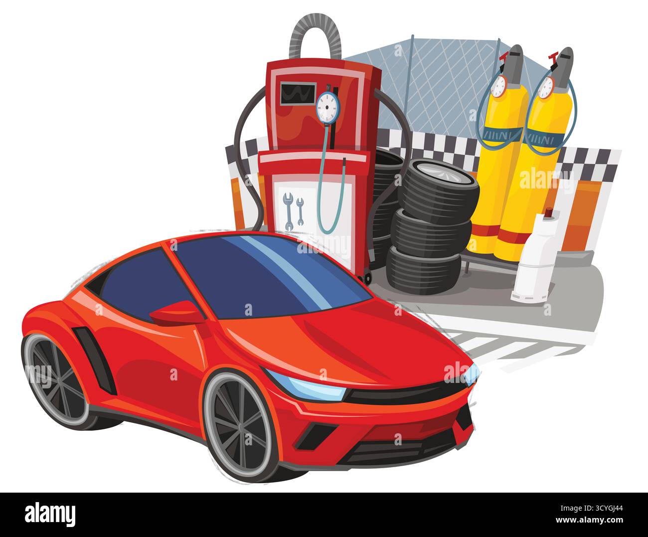 Cartoon street racing car vehicle pitstop pitzone on white background ...