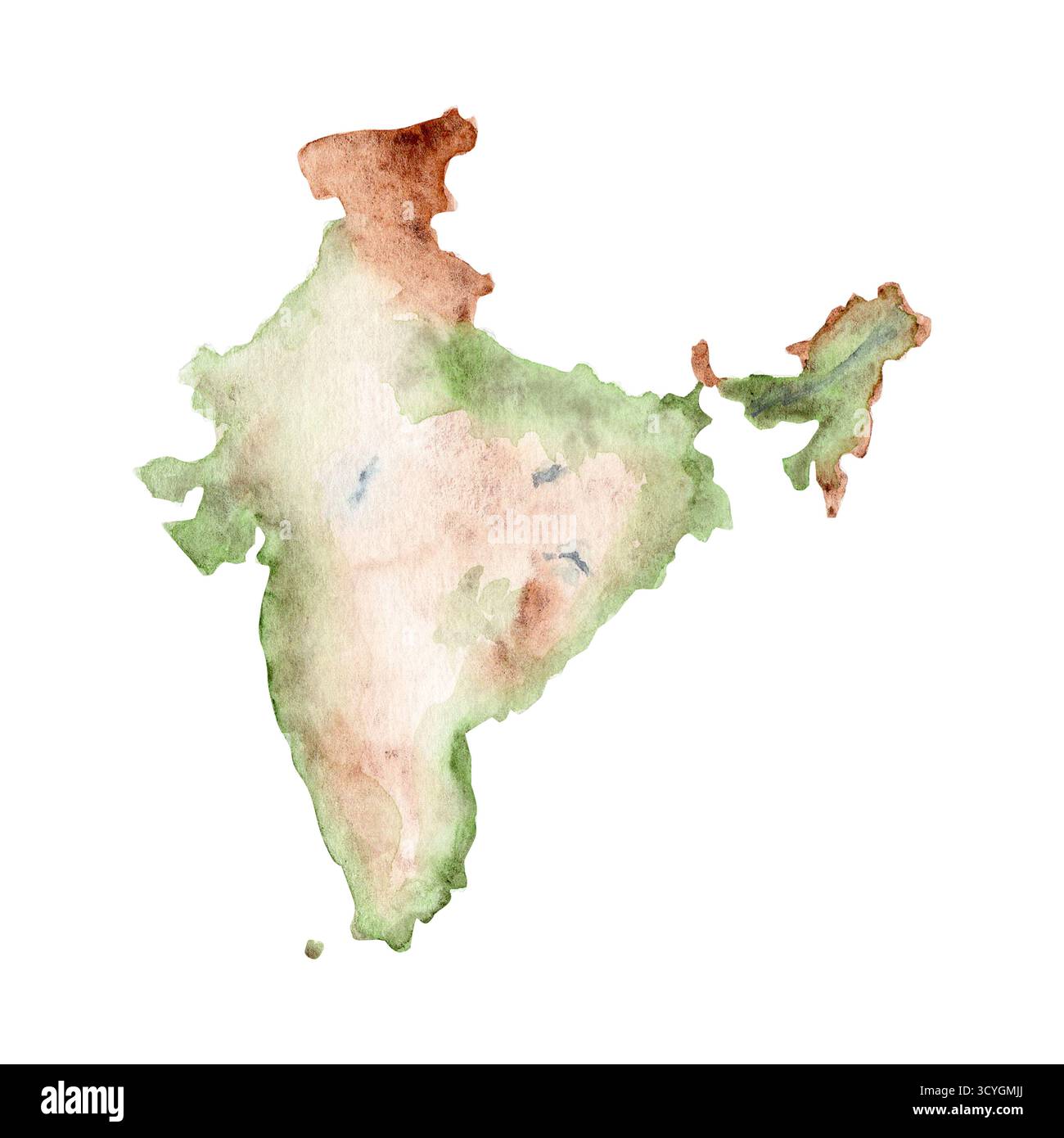 India watercolor map in natural green and brown tones with soft ...