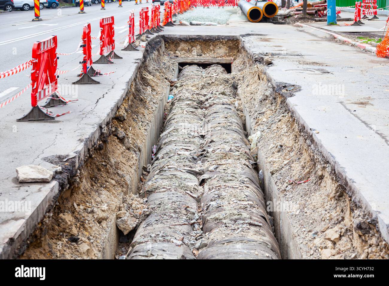 Repair of the city underground heating pipeline line on the road Stock ...