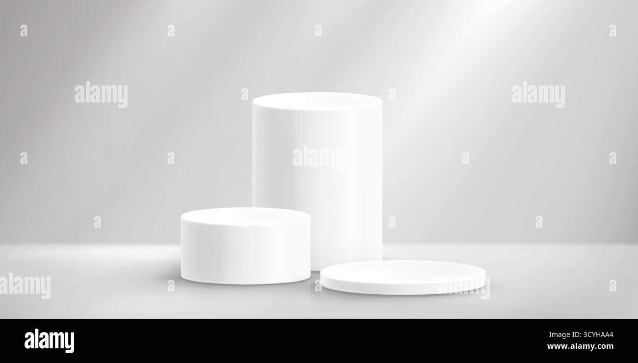 White podium cylinders with stage platform for product display or ...