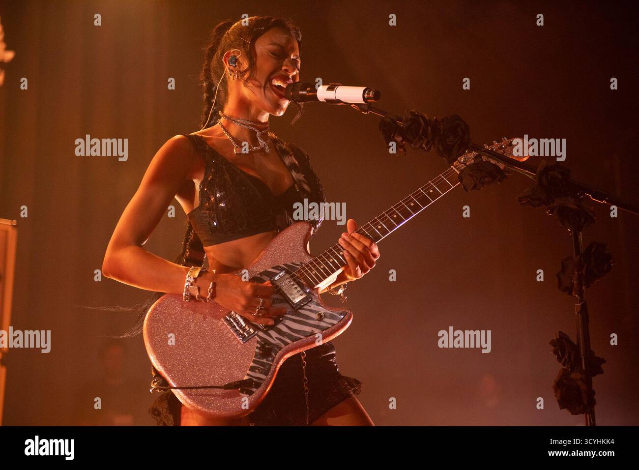 London, UK. 18 Oct 2025. Lead vocalist/guitarist Amy Love of Nova Twins ...