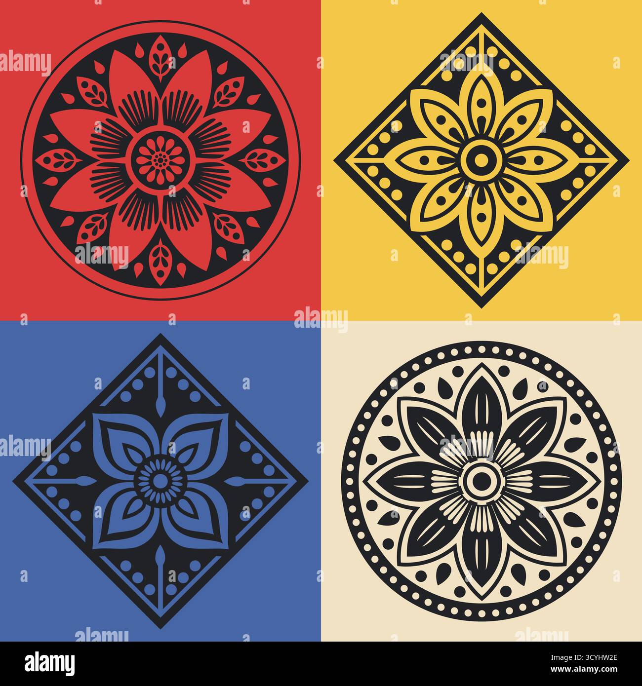 Set of colorful vector floral motifs in circular and diamond shapes ...