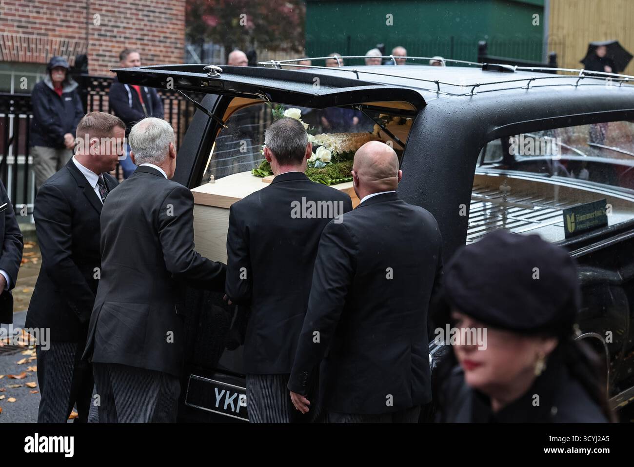 Harold Dennis “Dickie” Bird OBE coffin is placed into the hearse during ...