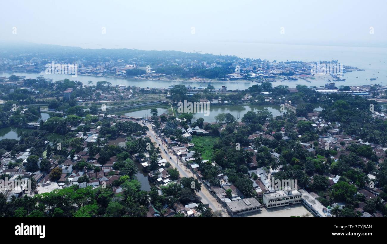 Chandpur is the estuary of three major rivers in Bangladesh. Drone view ...