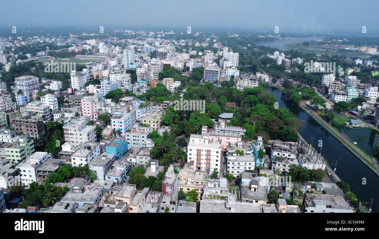 Chandpur is the estuary of three major rivers in Bangladesh. Drone view ...