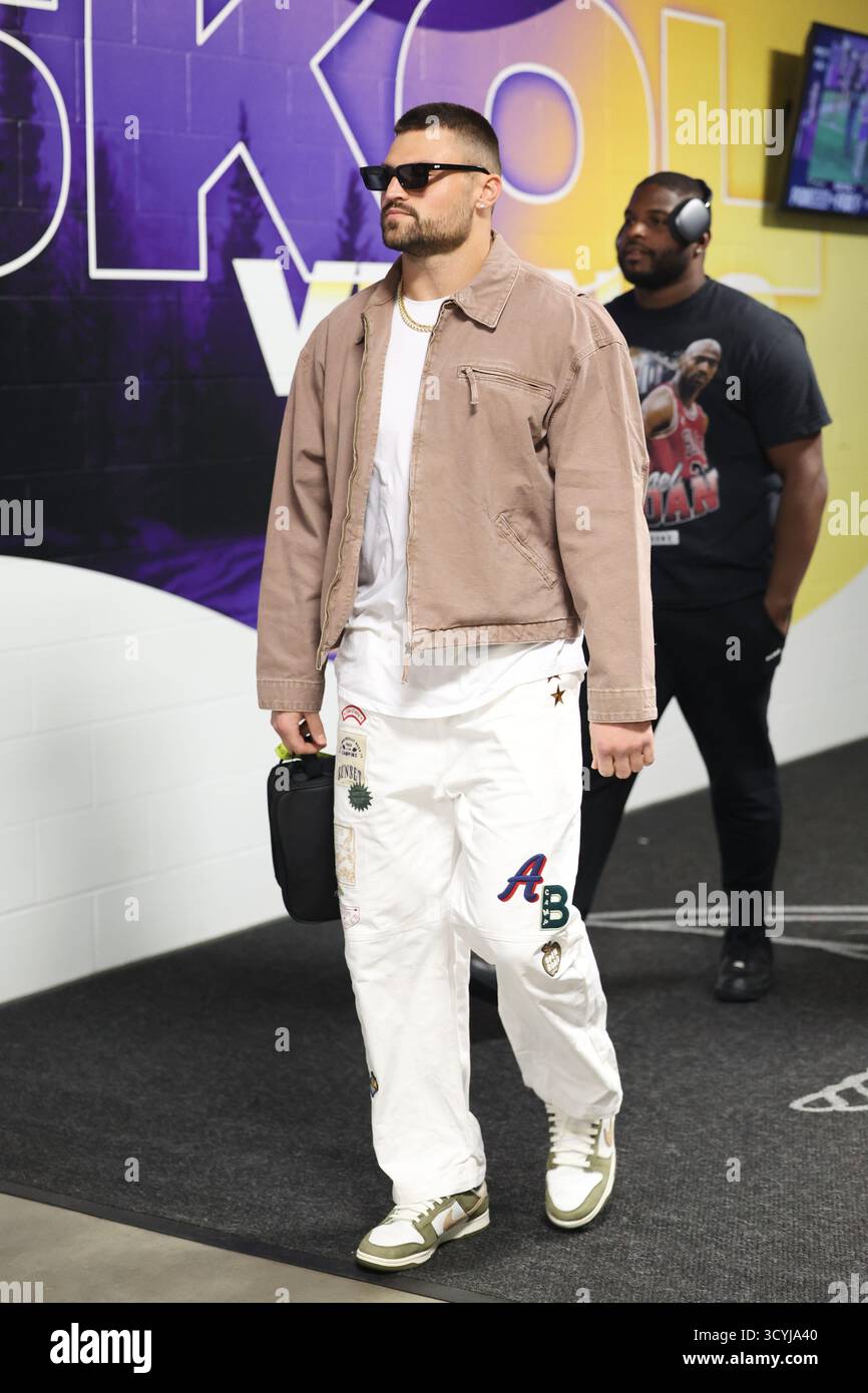 Minnesota Vikings linebacker Blake Cashman arrives before an NFL football game against the ...