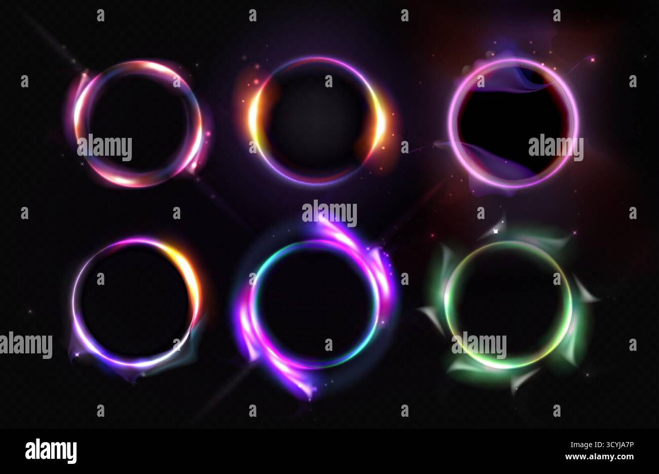 Glowing neon rings with halo effects and colorful plasma for futuristic ...