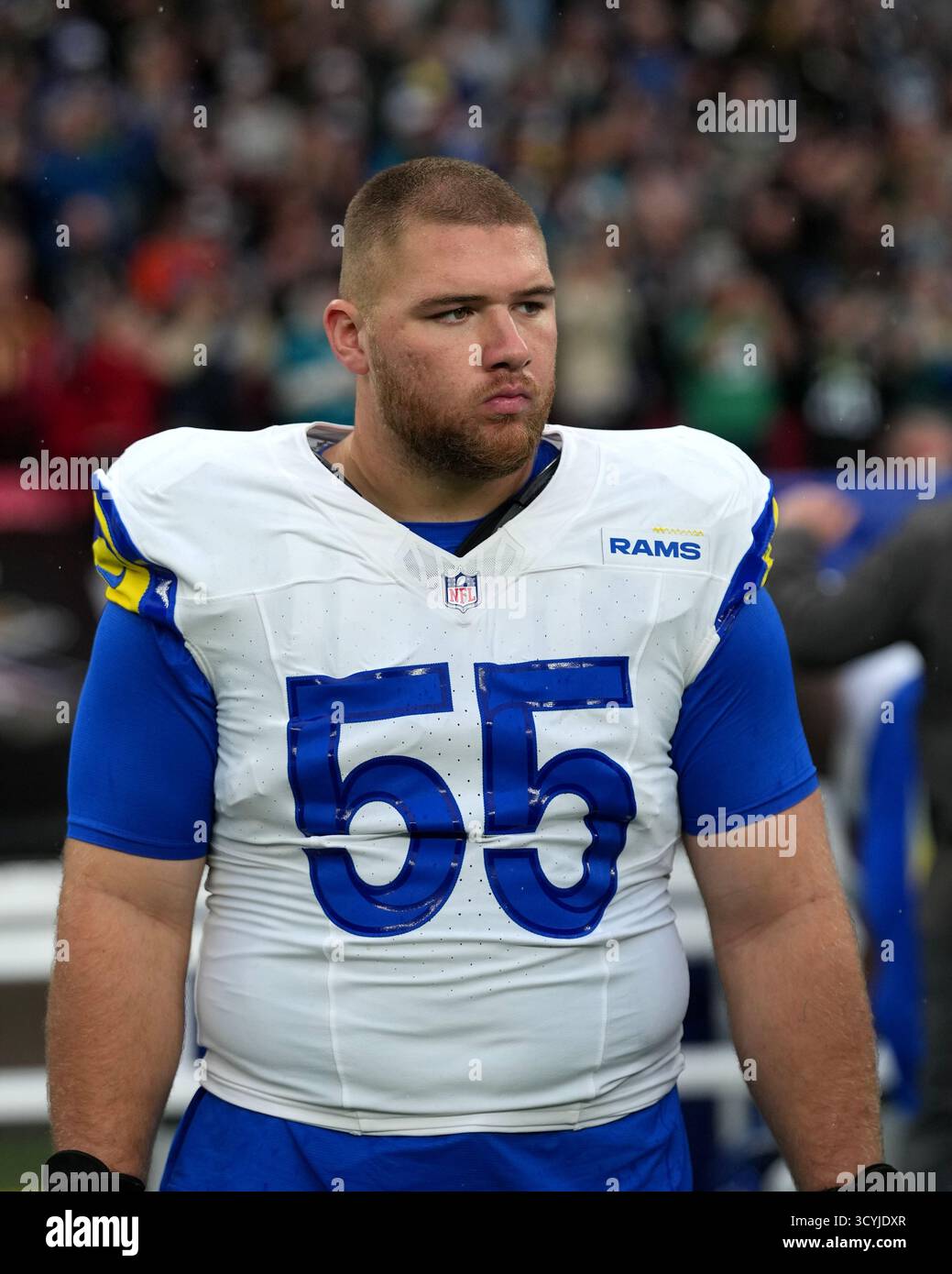 Los Angeles Rams defensive end Braden Fiske (55) waits for the start of ...
